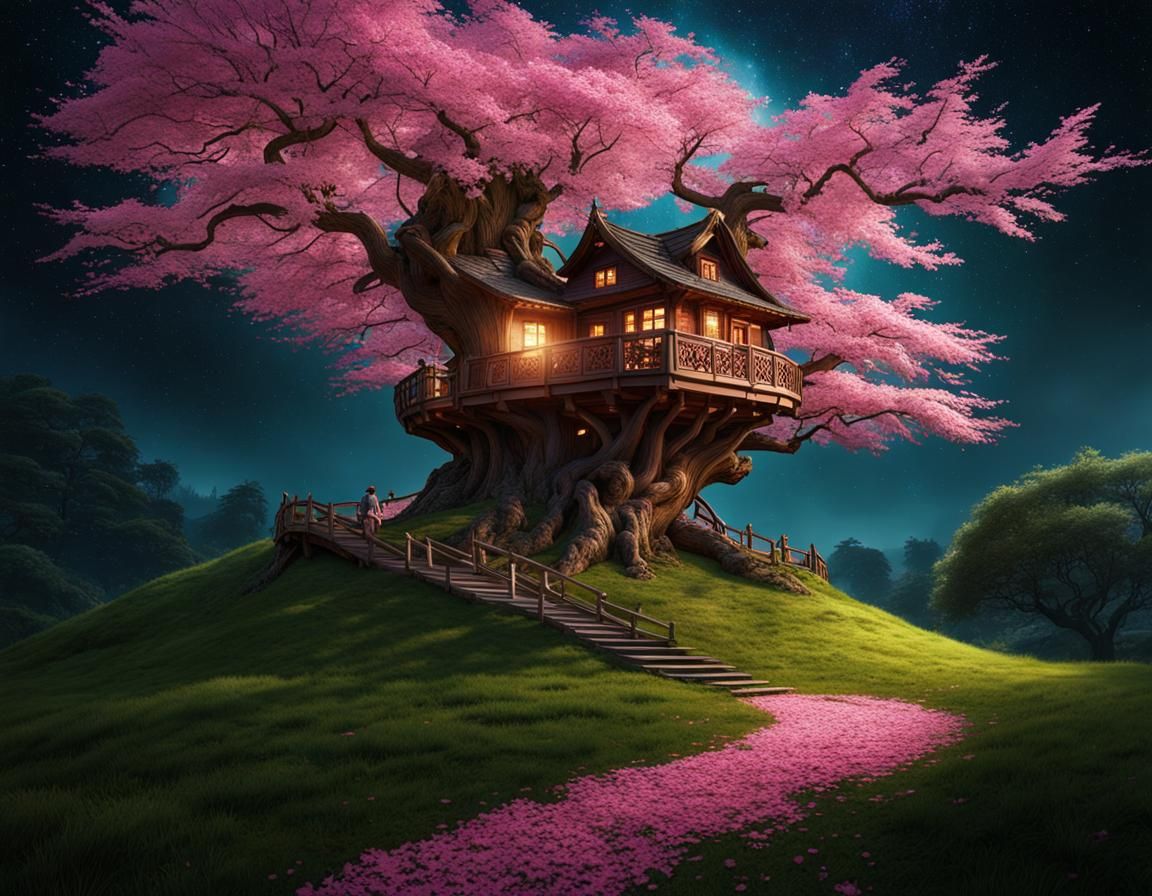 Well lit Path to beautiful carved wood treehouse in a gigantic pink cherry blossom tree - AI ...