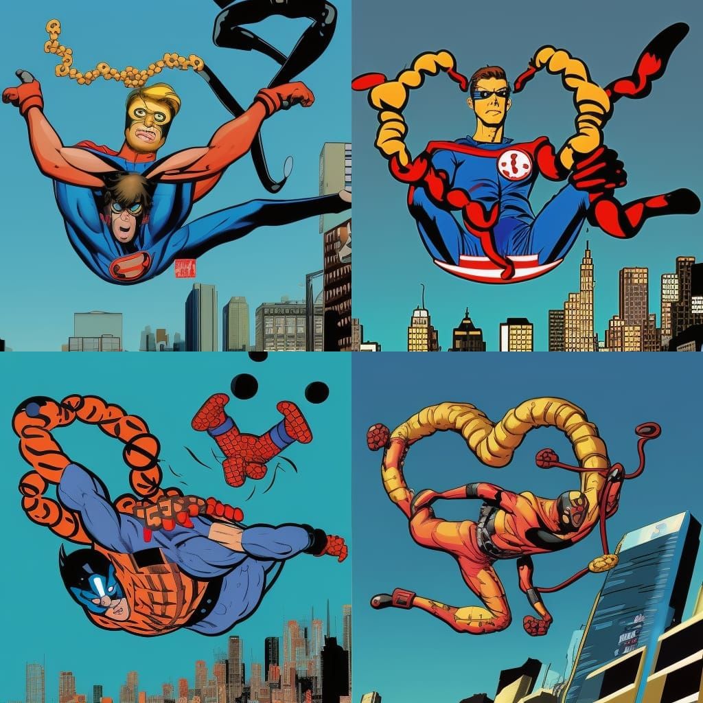 low-canted-angle-view-of-superhero-mascot-Pretzel-Man-flying-over-seedy ...