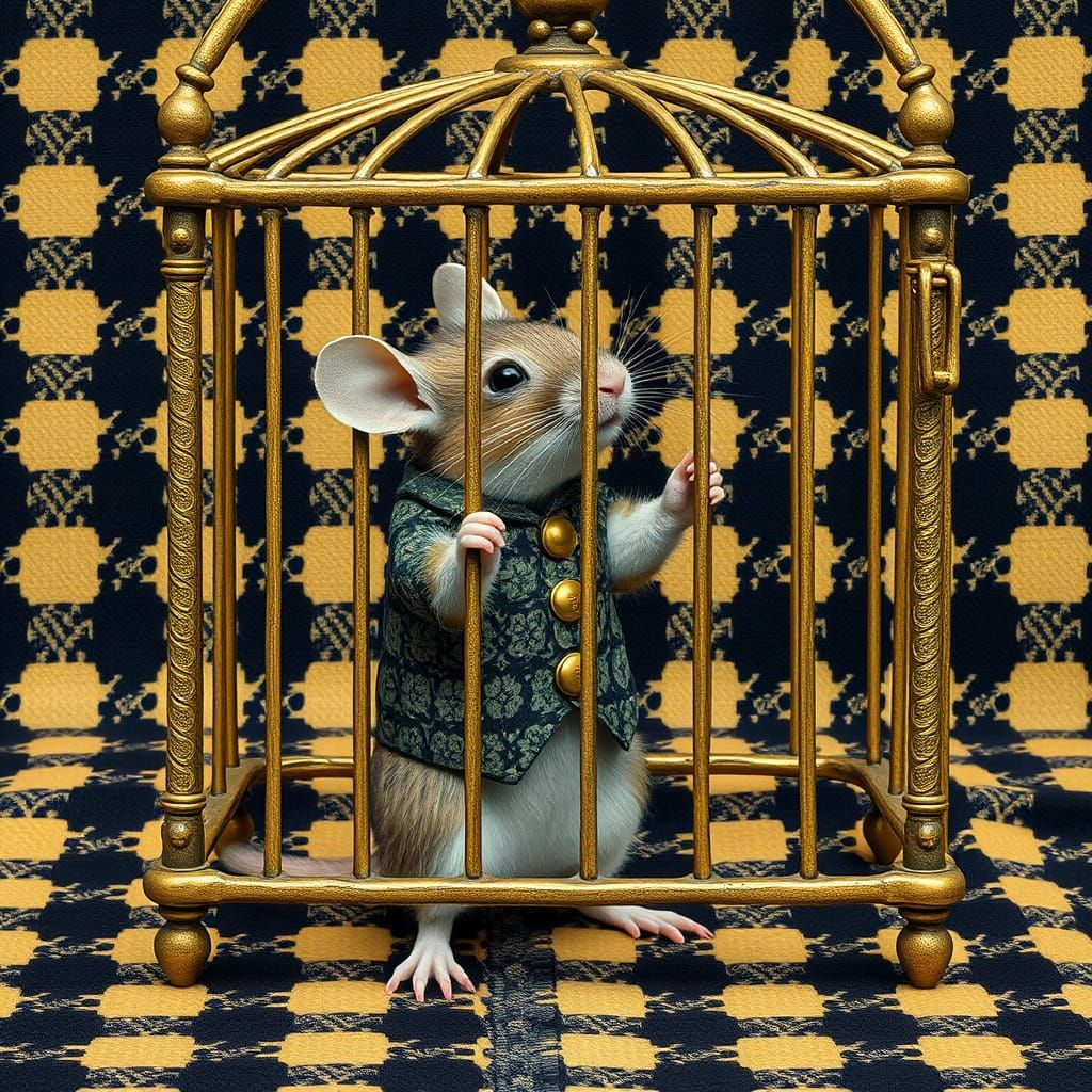 Mouse Stretches Towards Gingham Cage in Whimsical ... - AI Art