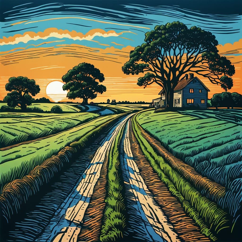 Linocut Farmhouse - Linocut Print of Farmhouse at Sunset