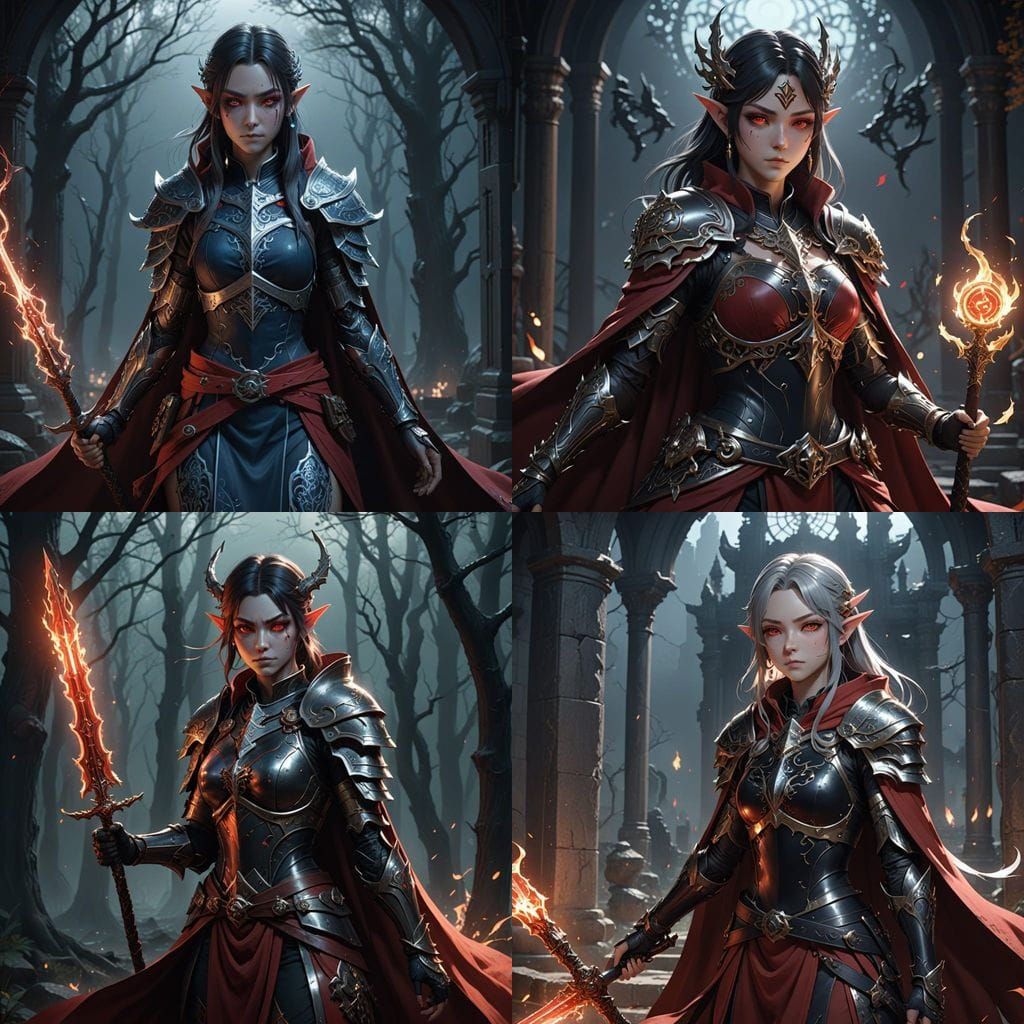 Ethereal Elf Necromancer in Dark, Elaborate Armor - AI Art