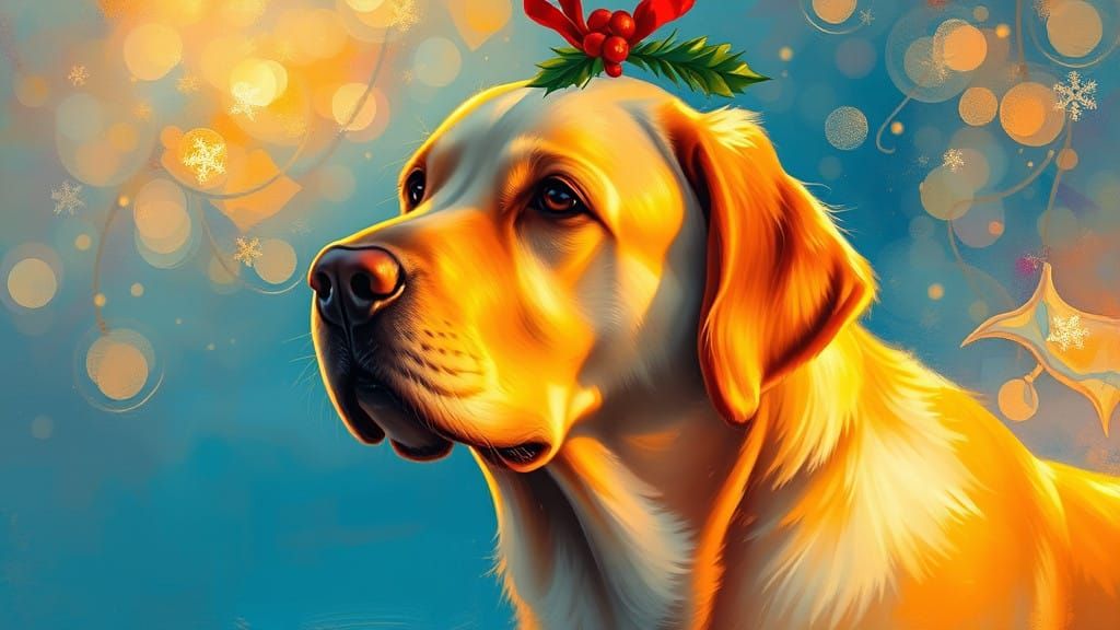 Warm Christmas Scene of Gentle Labrador in Festive... - AI Art