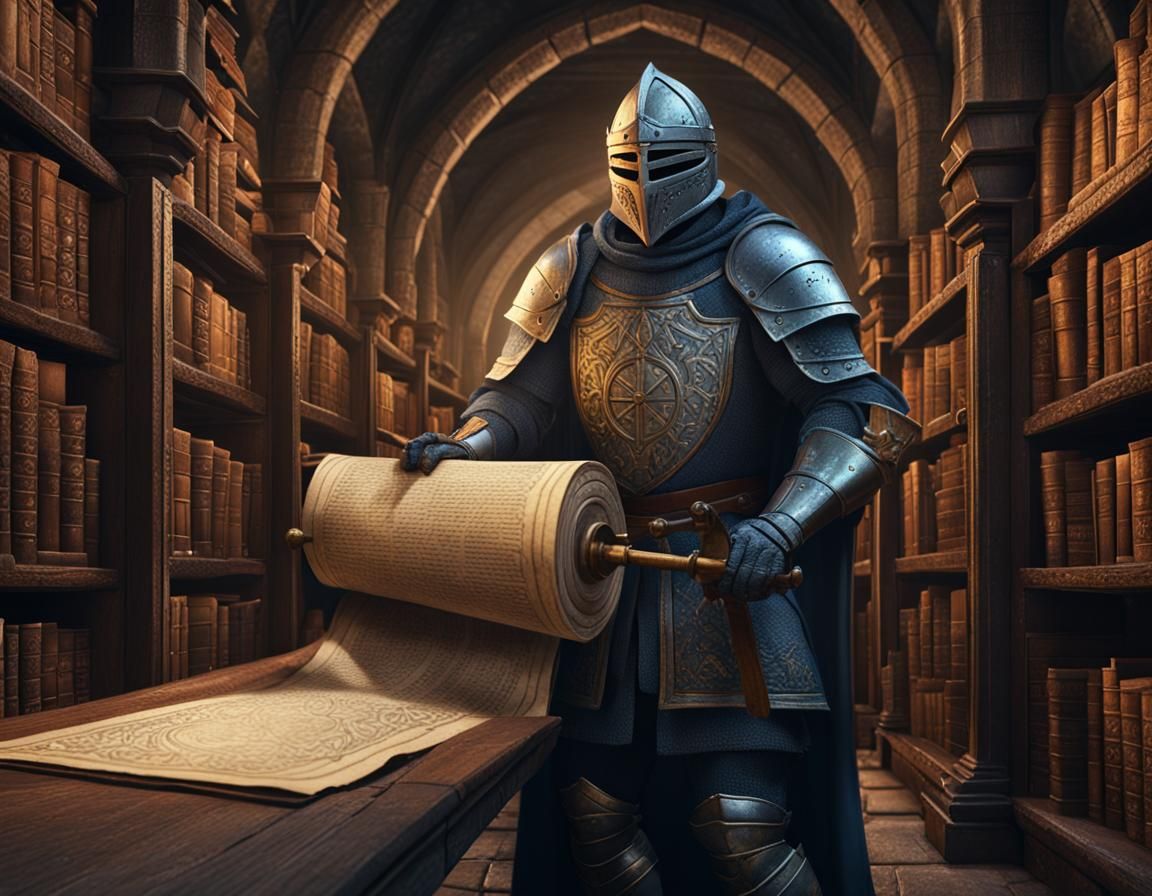 a medieval knight pulling a scroll off the shelf of medieval library ...