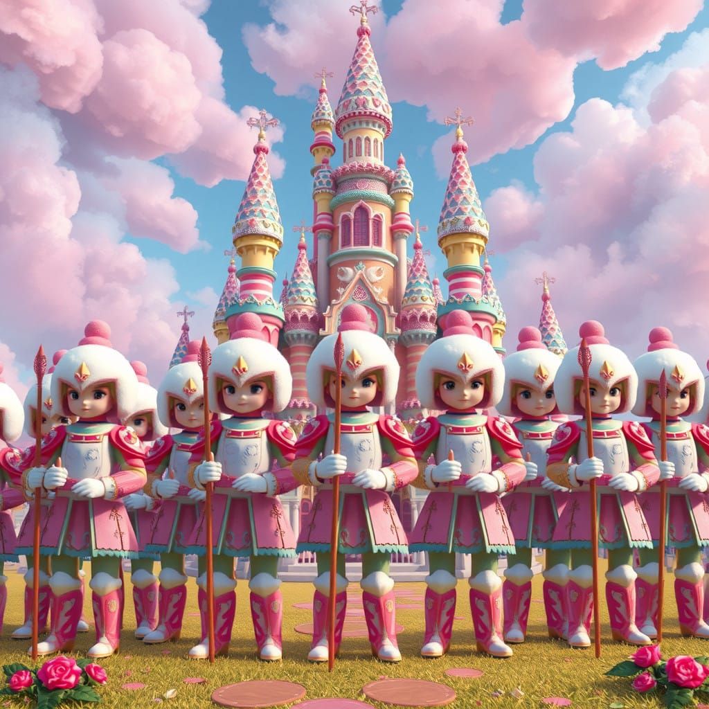 Sugar Armored Cotton Candy Soldiers Guarding Whims... - AI Art
