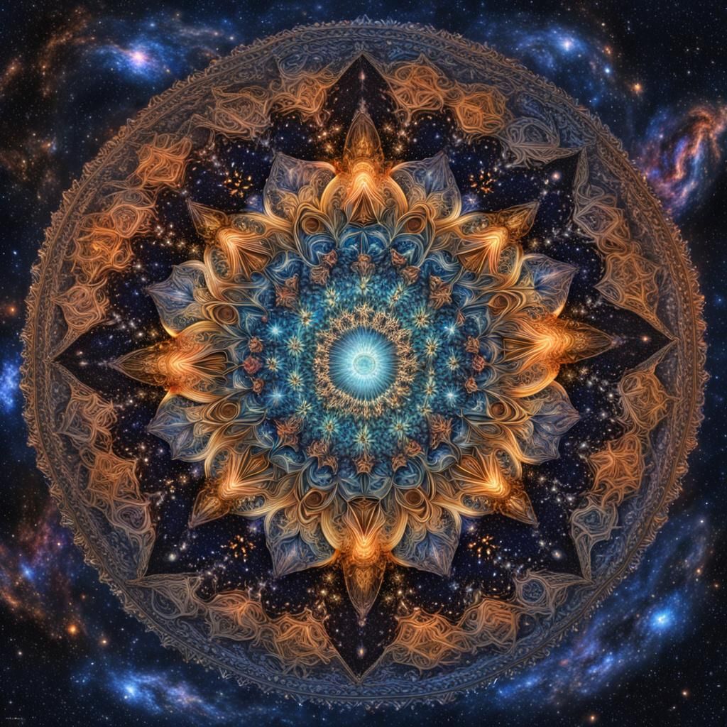 A mandala made up of stars and galaxies in space, intricate details ...