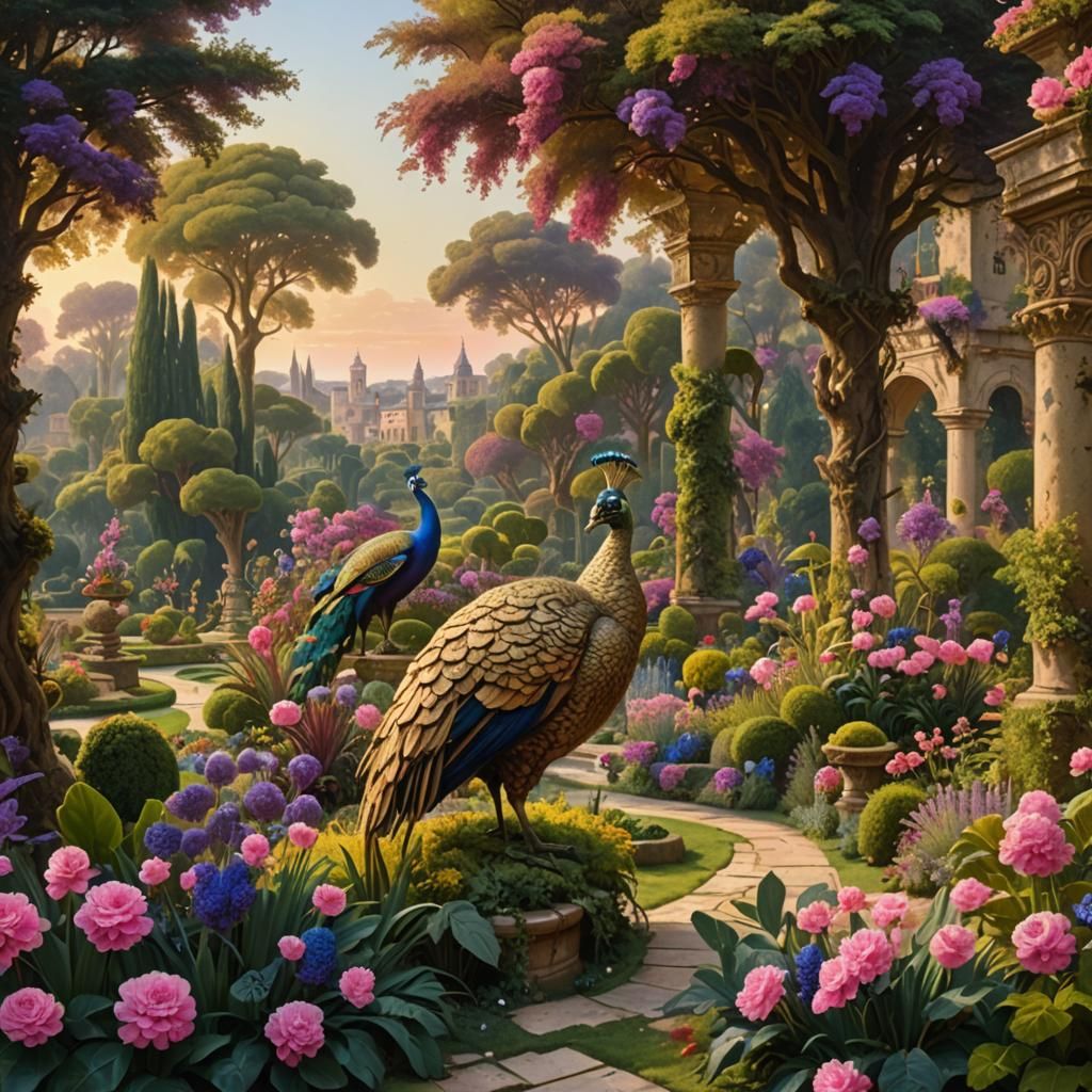 An ultra higly detailed ancient garden with a sumptuous plant sculpture ...