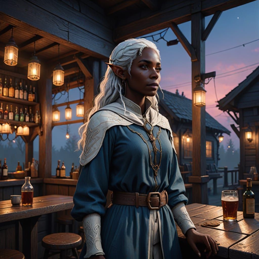 Elegant Elf in Tavern at Dusk, Fantasy Concept Art - AI Art