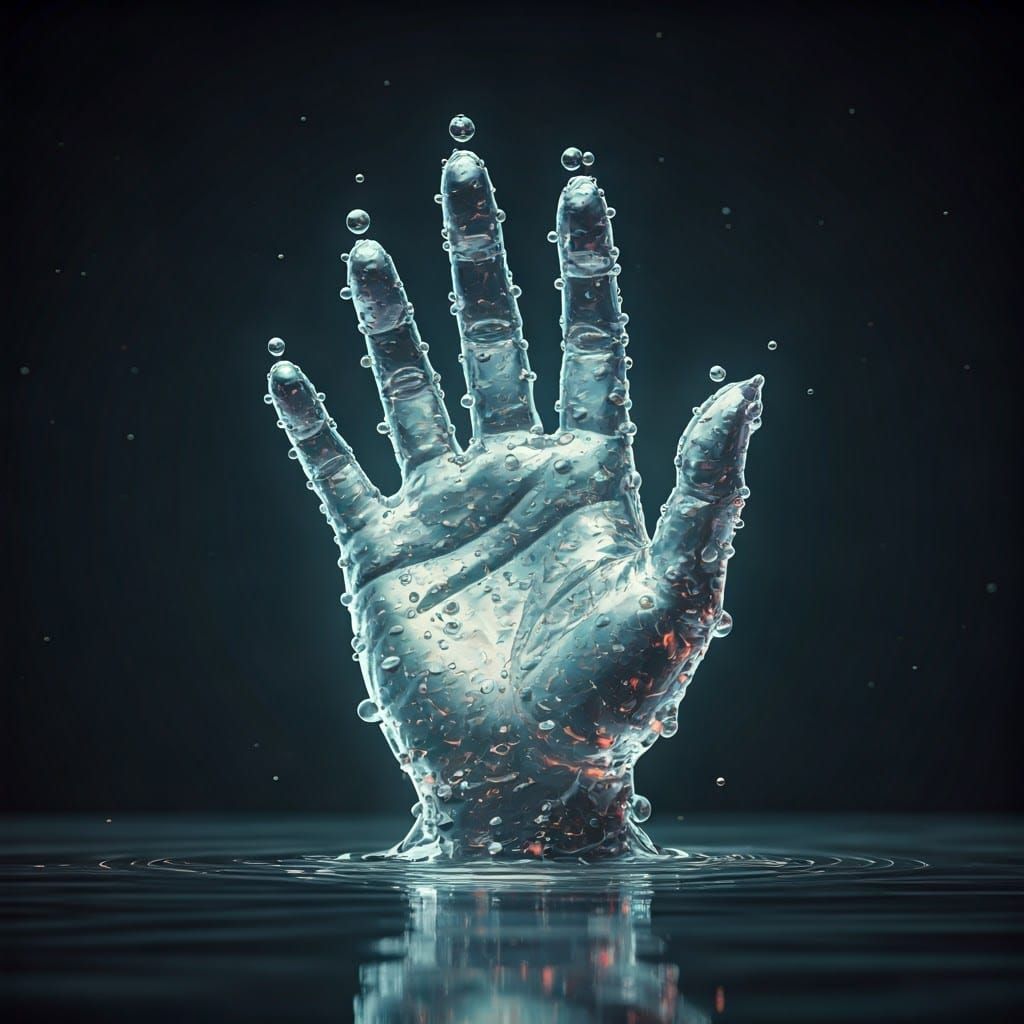 A serene, translucent hand composed of gently rippling water droplets ...