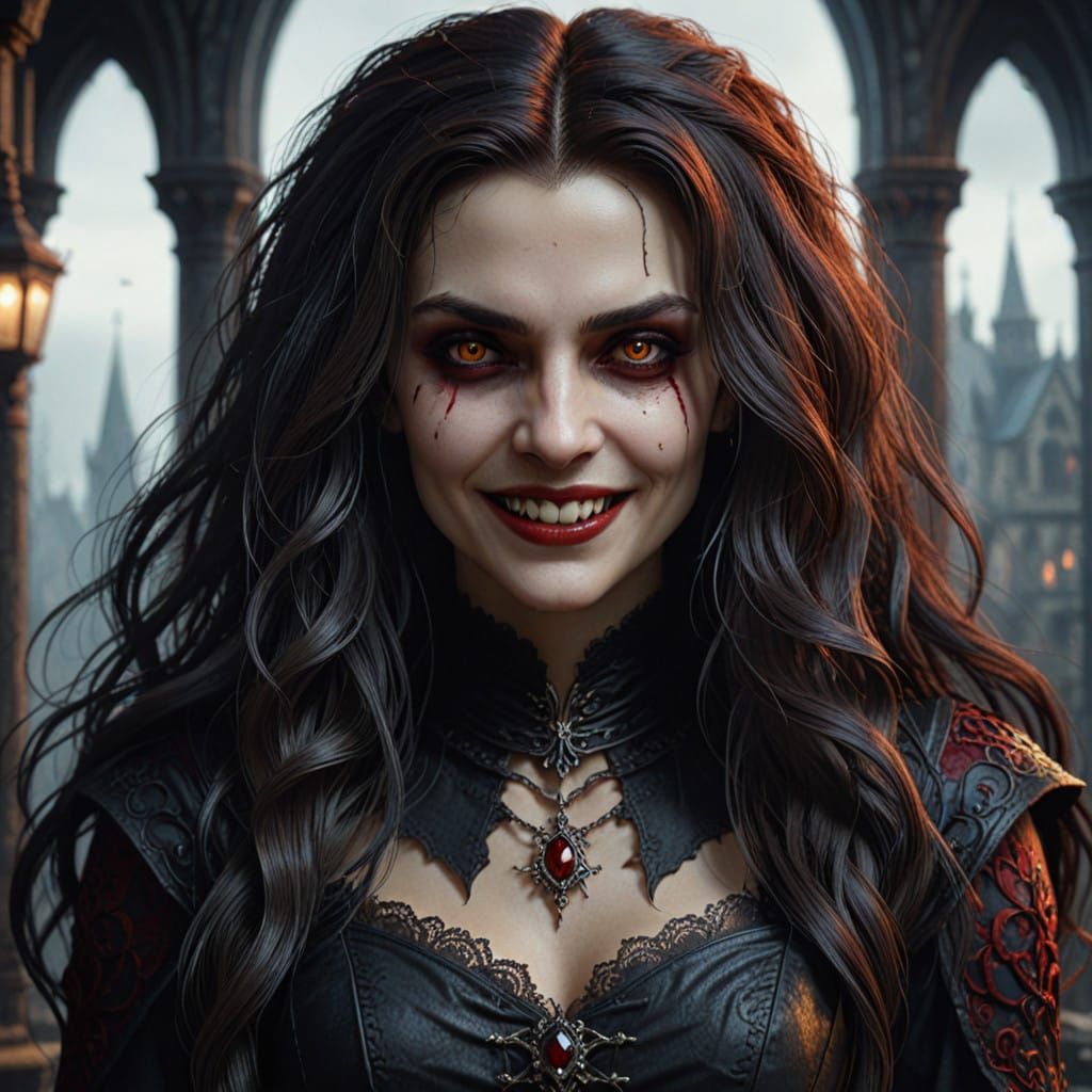 Gothic Vampire Woman in Carmine and Black Splendor - AI Art