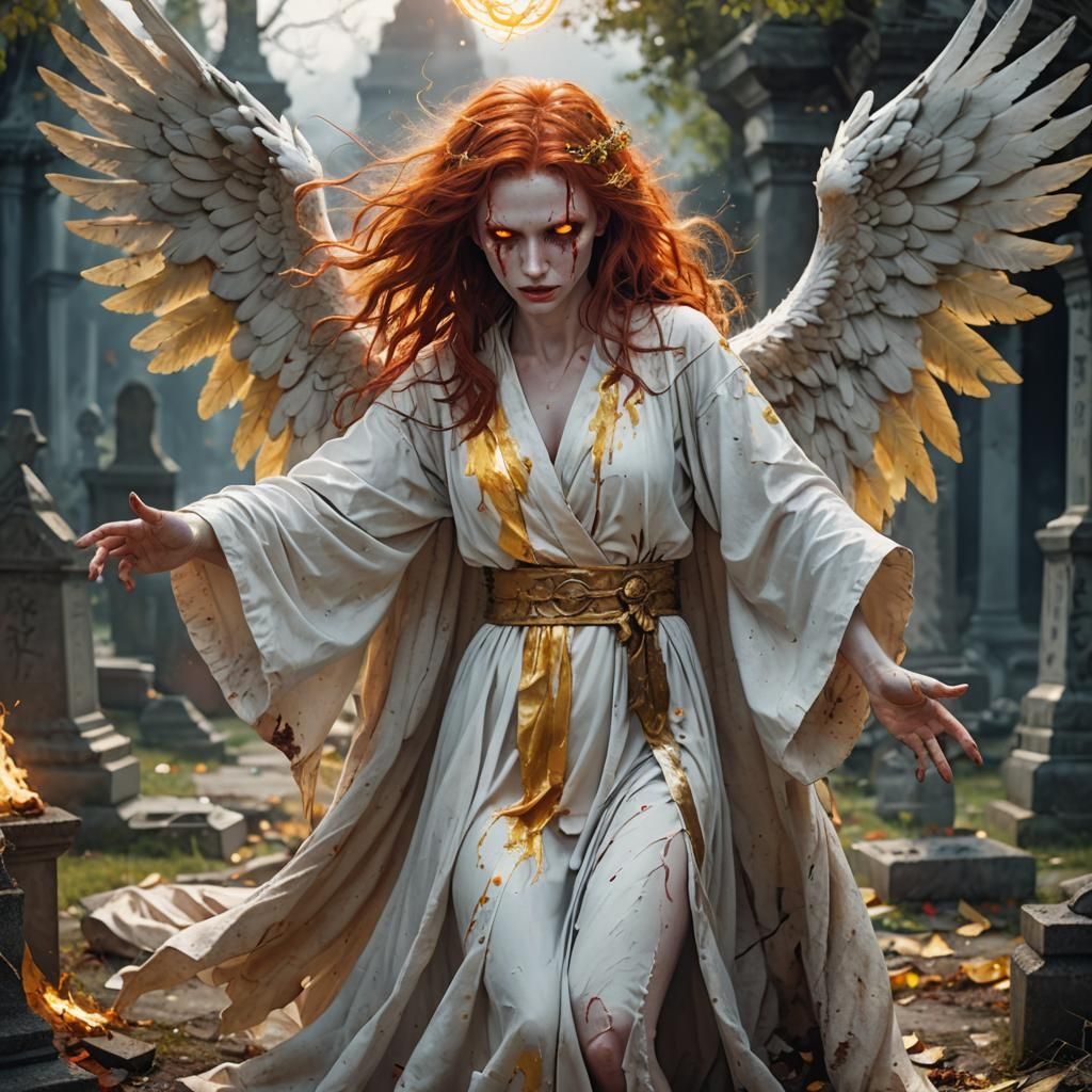 Beautiful Fallen Angel, (glowing:0.7) yellow eyes, vivid colors, white ...