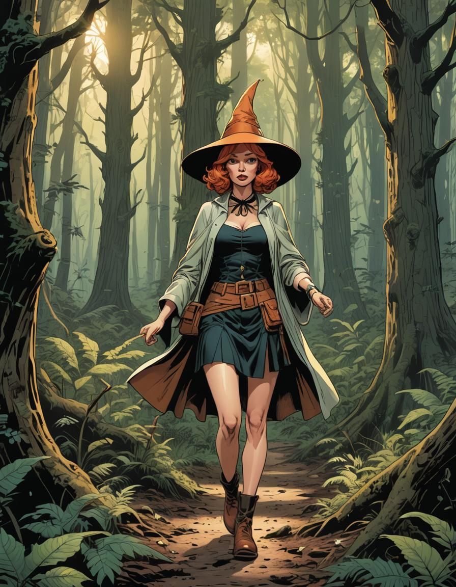 pretty ginger witch with bobcut wearing a pointy hat, dressed in a mini ...