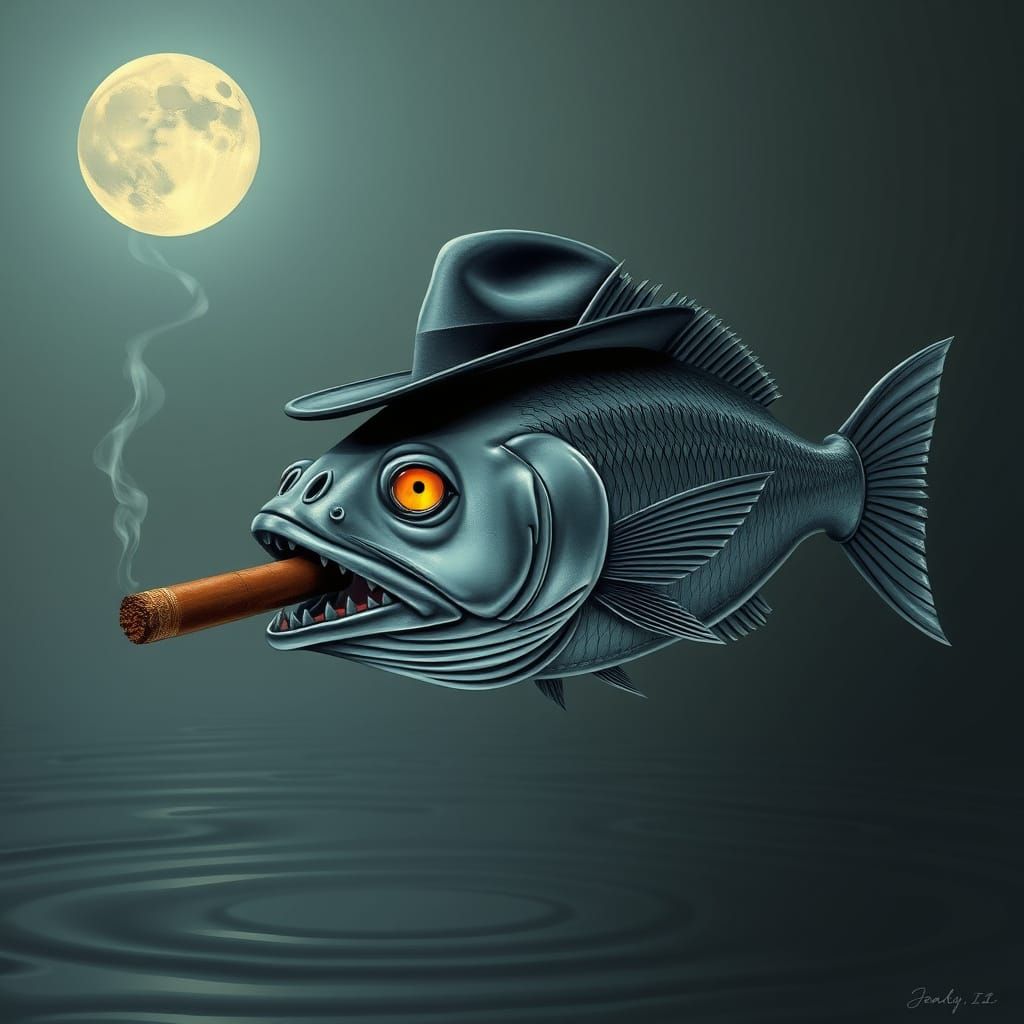 Silver Fish Smokes Cigar in Moonlit Depths - AI Art