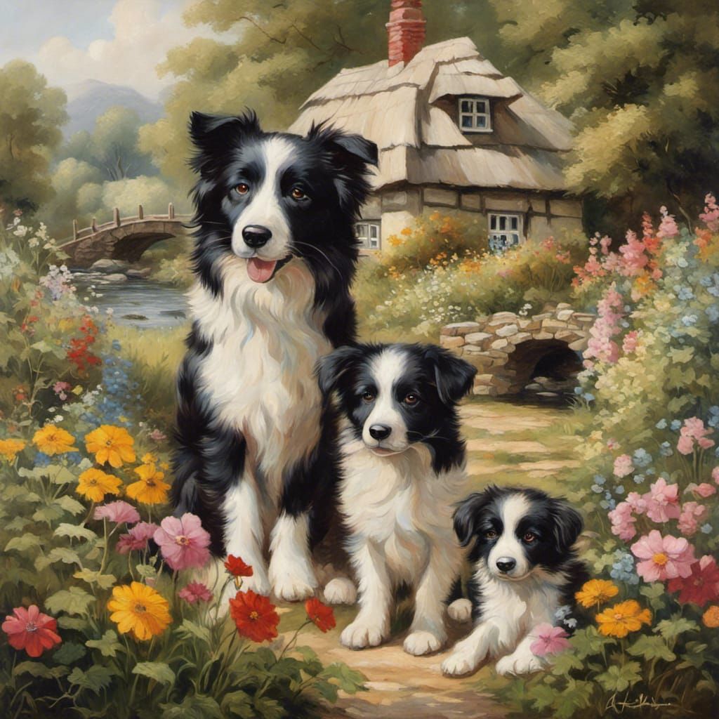 Cute Border Collie family with old English thatched cottage (footbridge ...