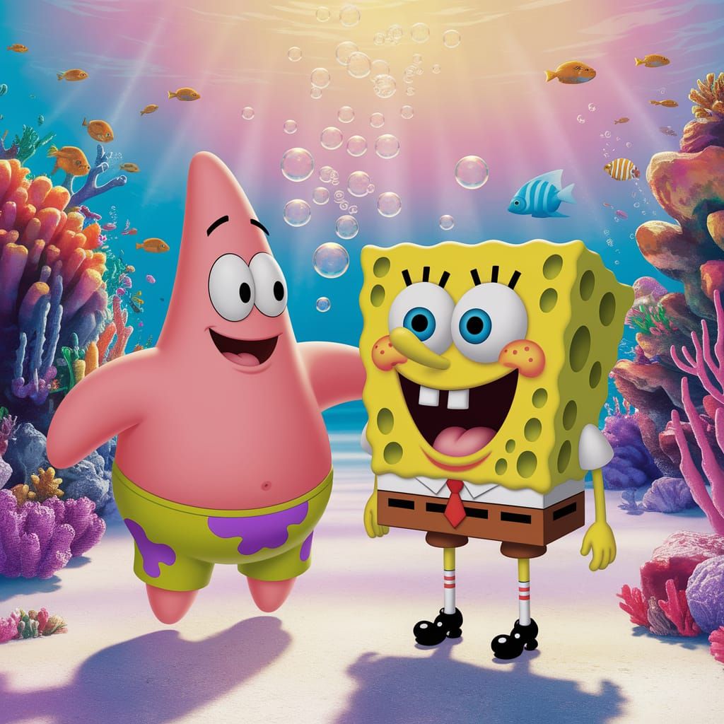 SpongeBob and Patrick Star Blow Bubbles in Pixar S... - AI Art