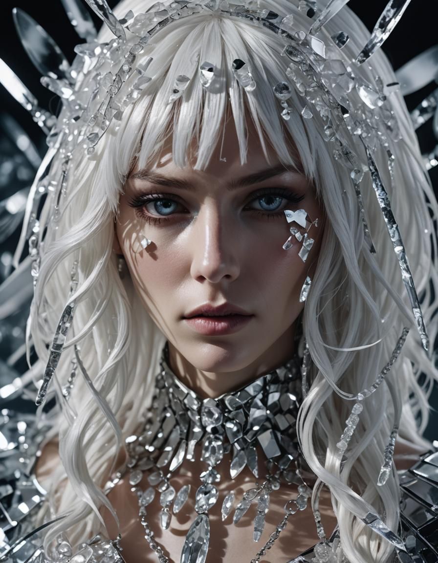 a close up of a person wearing a white wig, ash thorp, refractive ...