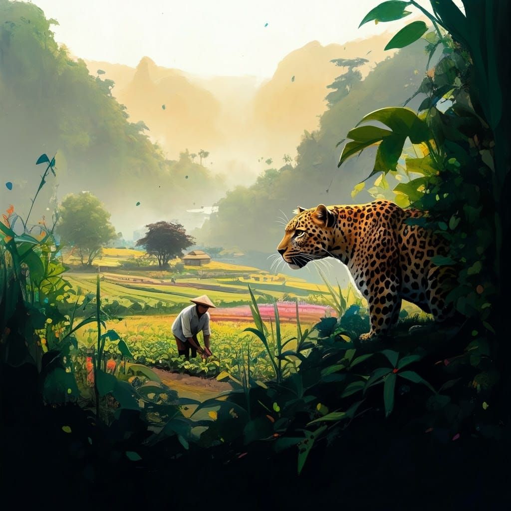 Leopard Stalks Farmer in Valley Oasis - AI Art