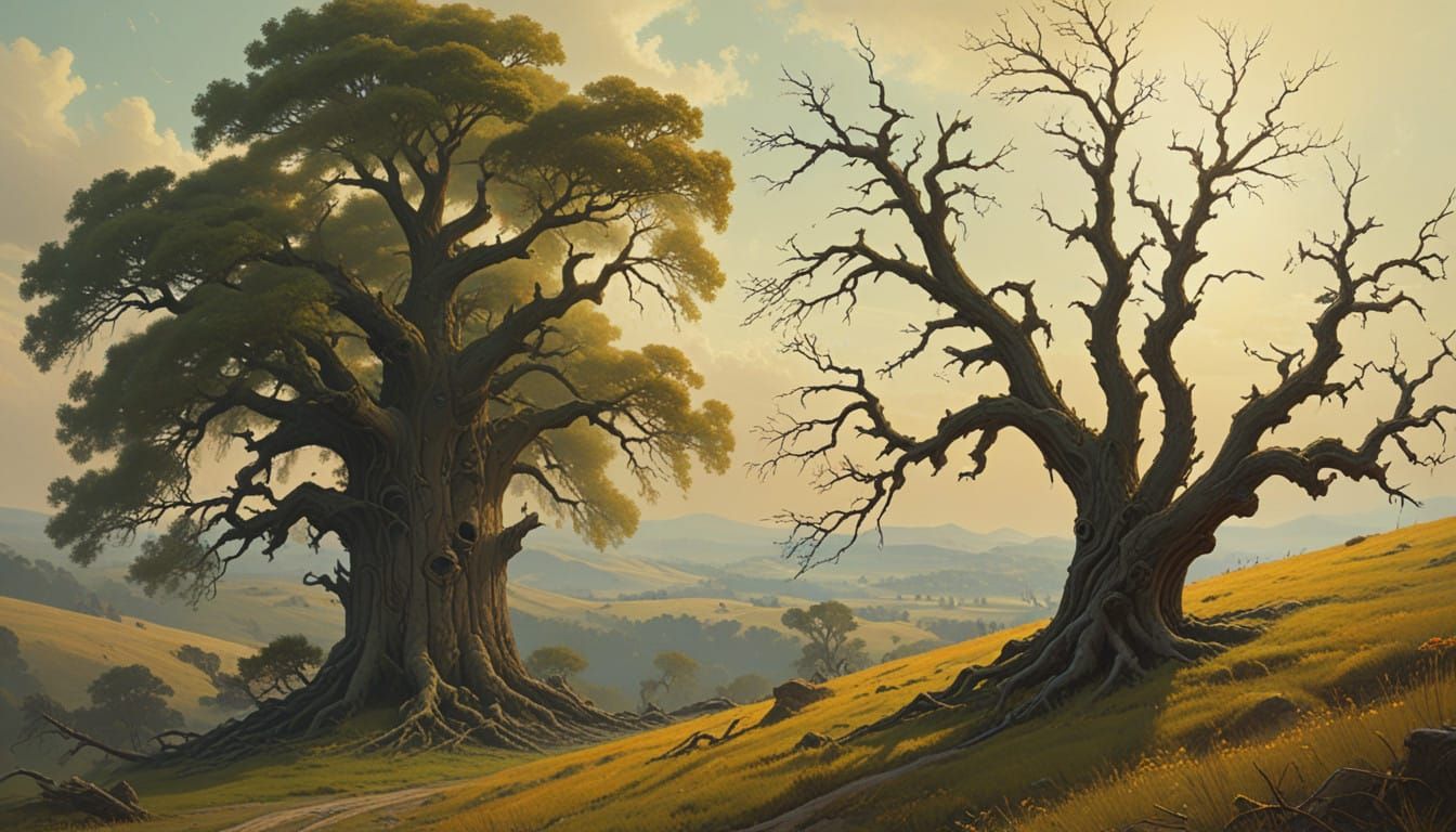 A living tree besides a withered dying tree