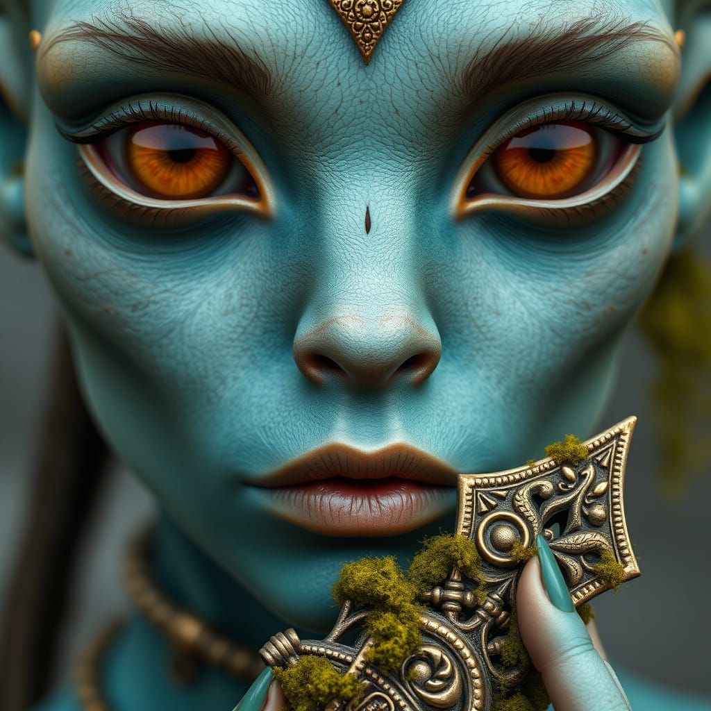 Alien - Exotic Aquamarine Alien with Copper Eyes and Mossy S...