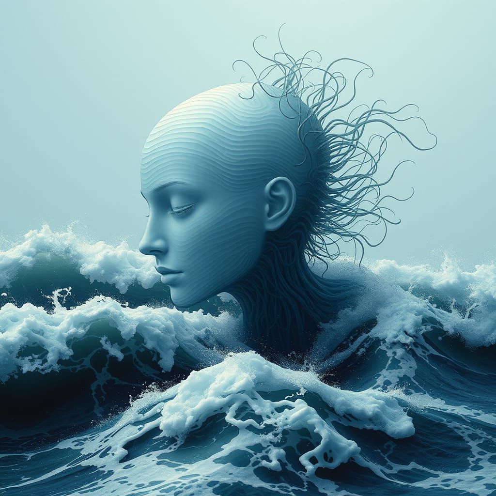 Ethereal Oceanic Head Rises from Turbulent Waves - AI Art