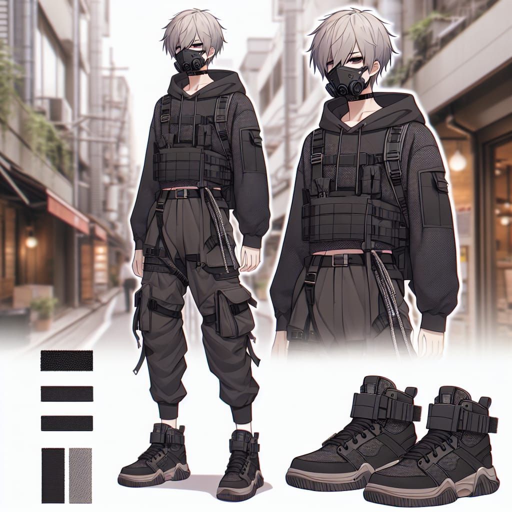 Anime a Caucasian male emo. He is clothed in techwear tactical gearmHis ...