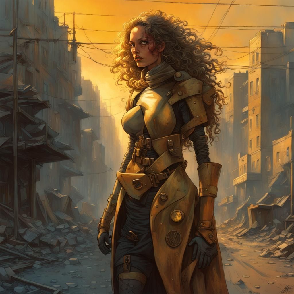 Cybernetic woman warrior wounded in the streets of a post apocalyptic ...