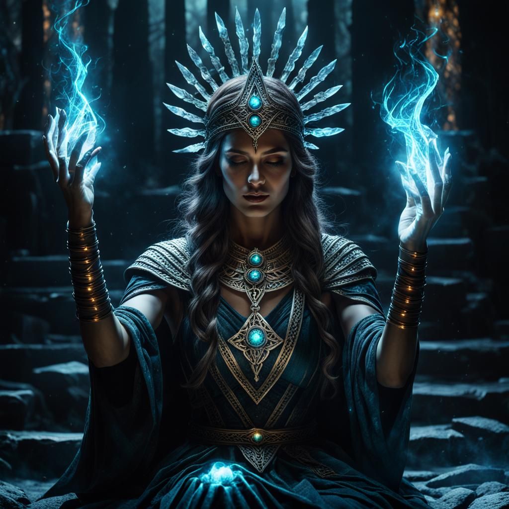 splendid view of a priestess conjuring healing magic through her hands ...