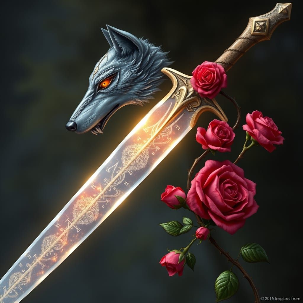 Ethereal Elven Longsword with Wolf's Head Hilt and... - AI Art