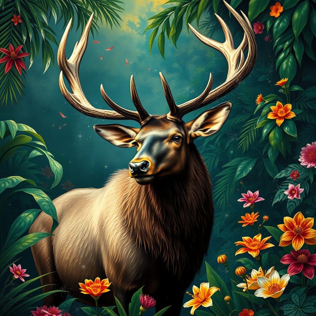 elk in jungle visual glitter - Elk in Lush Jungle with Gusta...