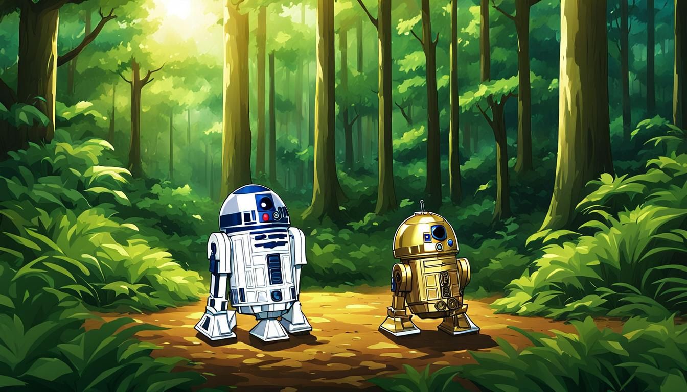 Chibi Cartoon R2-D2, C-3PO, forest background, dynamic lighting - AI ...