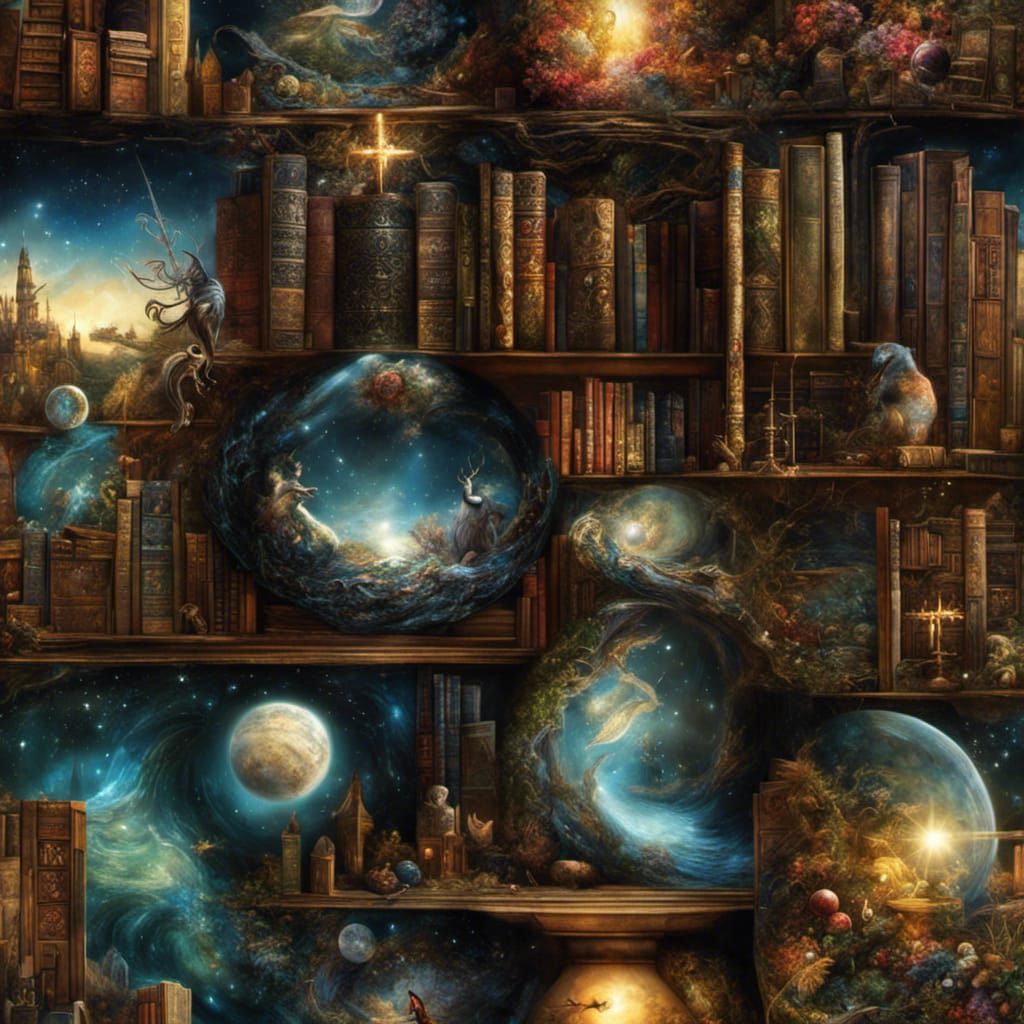 a beautiful fantastical bookcase with magical glittering books ...