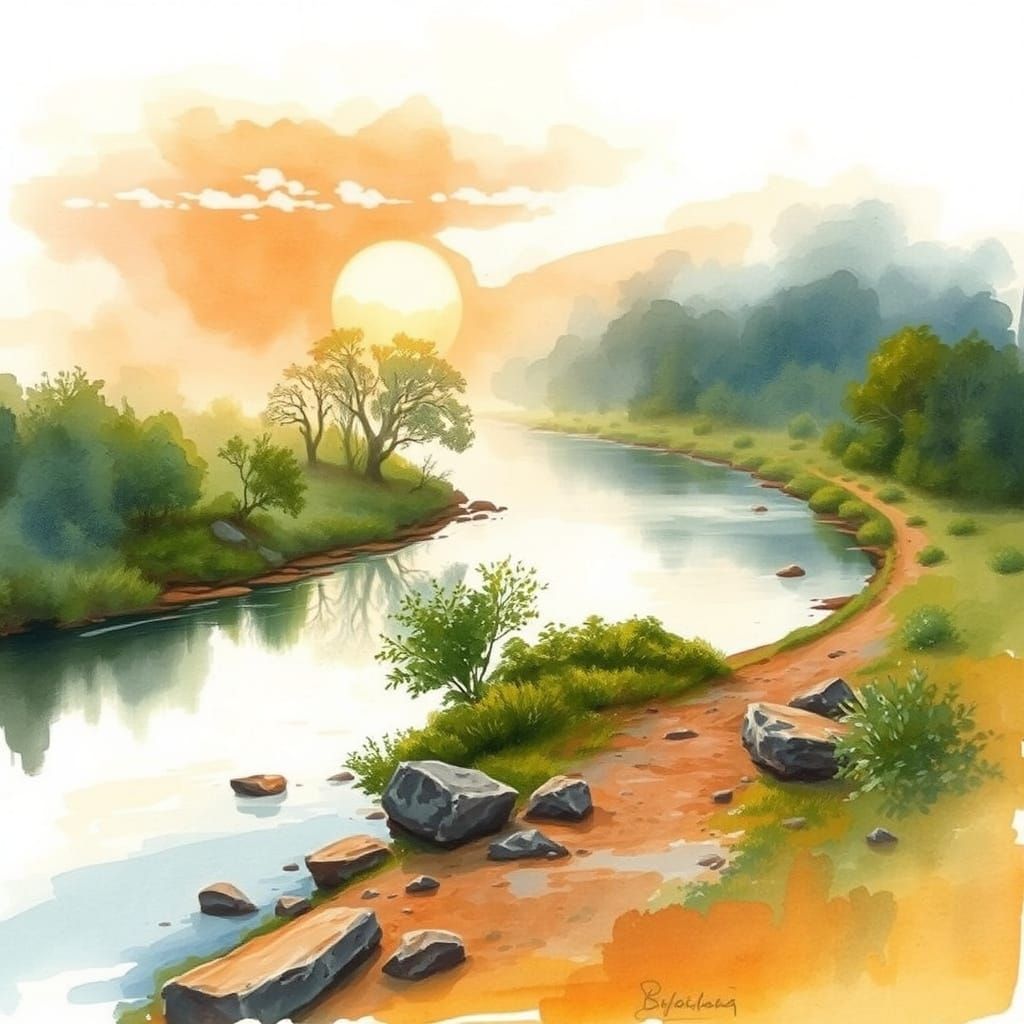 Surreal Sunset River Scene in Impressionist-Abstra... - AI Art