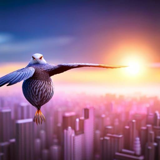 Focus on a beautiful bird clinging to its parachute above a city/bright ...