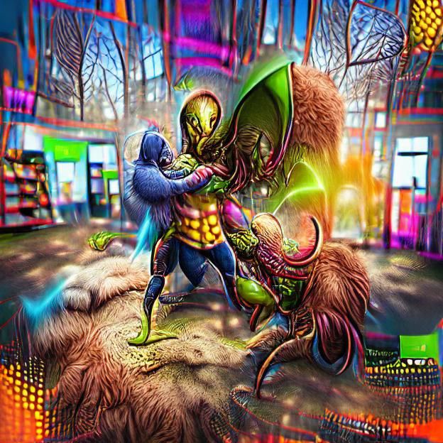 Comic book style Superhero Hooded alien creature fighting an alien ...