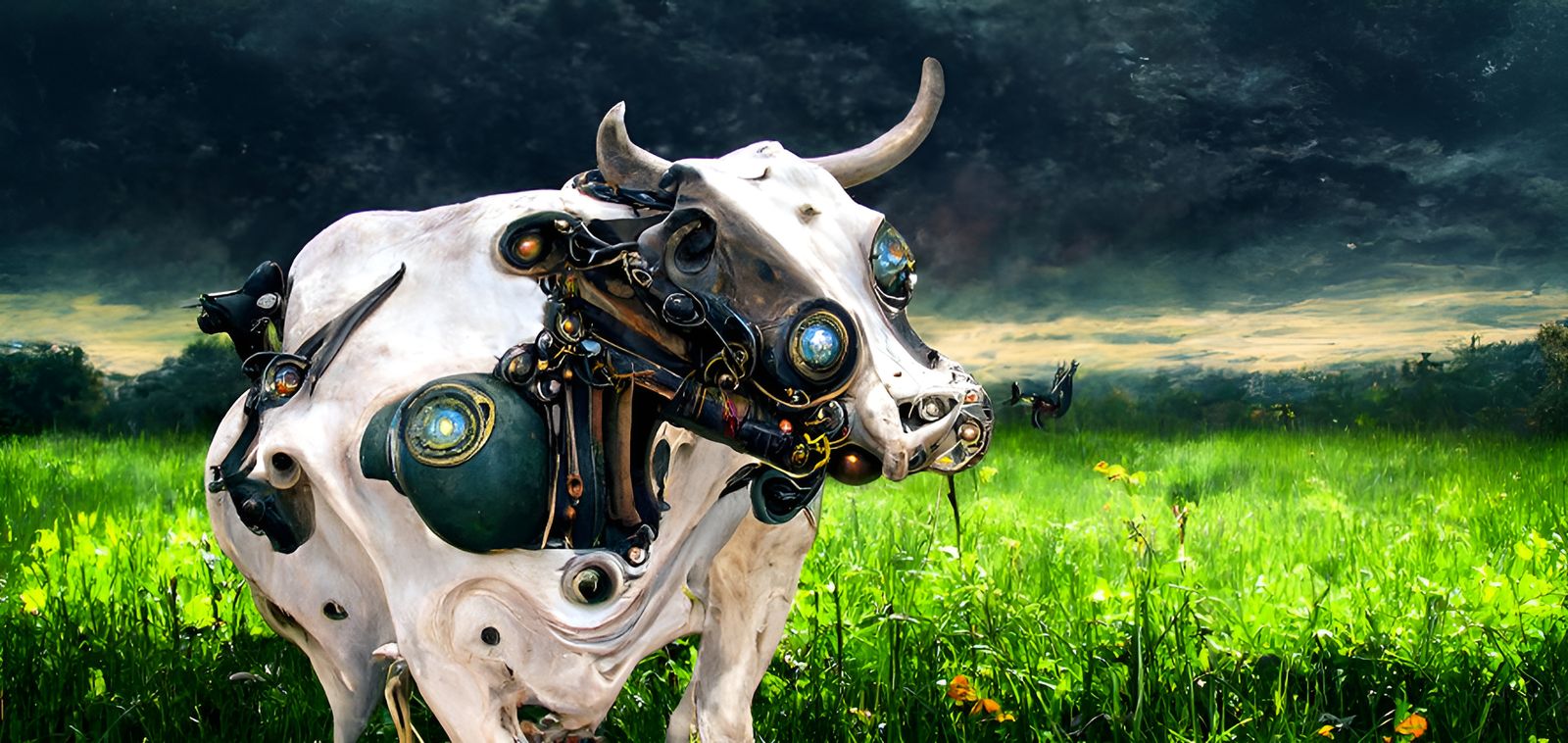 Clockwork Cow on a green field full of yellow flowers - AI Generated ...