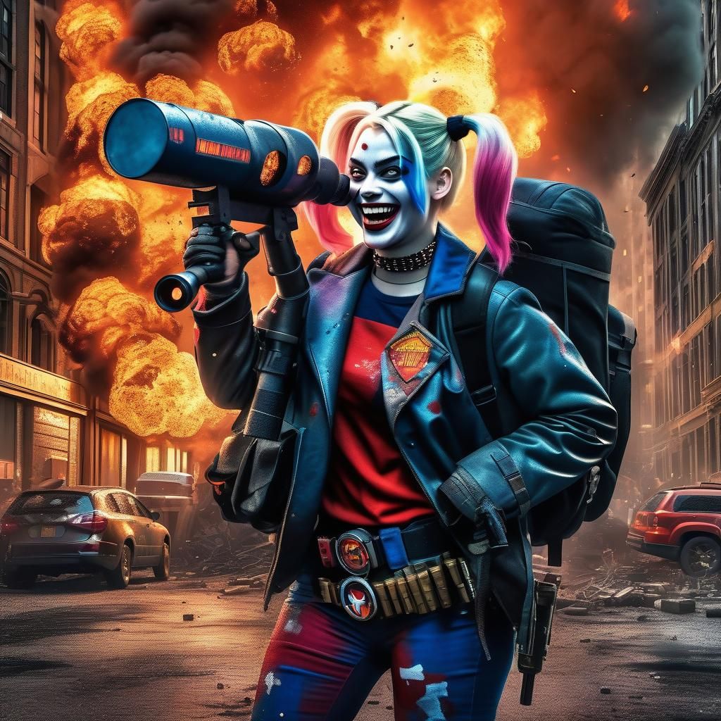 Harley Quinn with a bazooka laughing in Gotham City, beautiful ...
