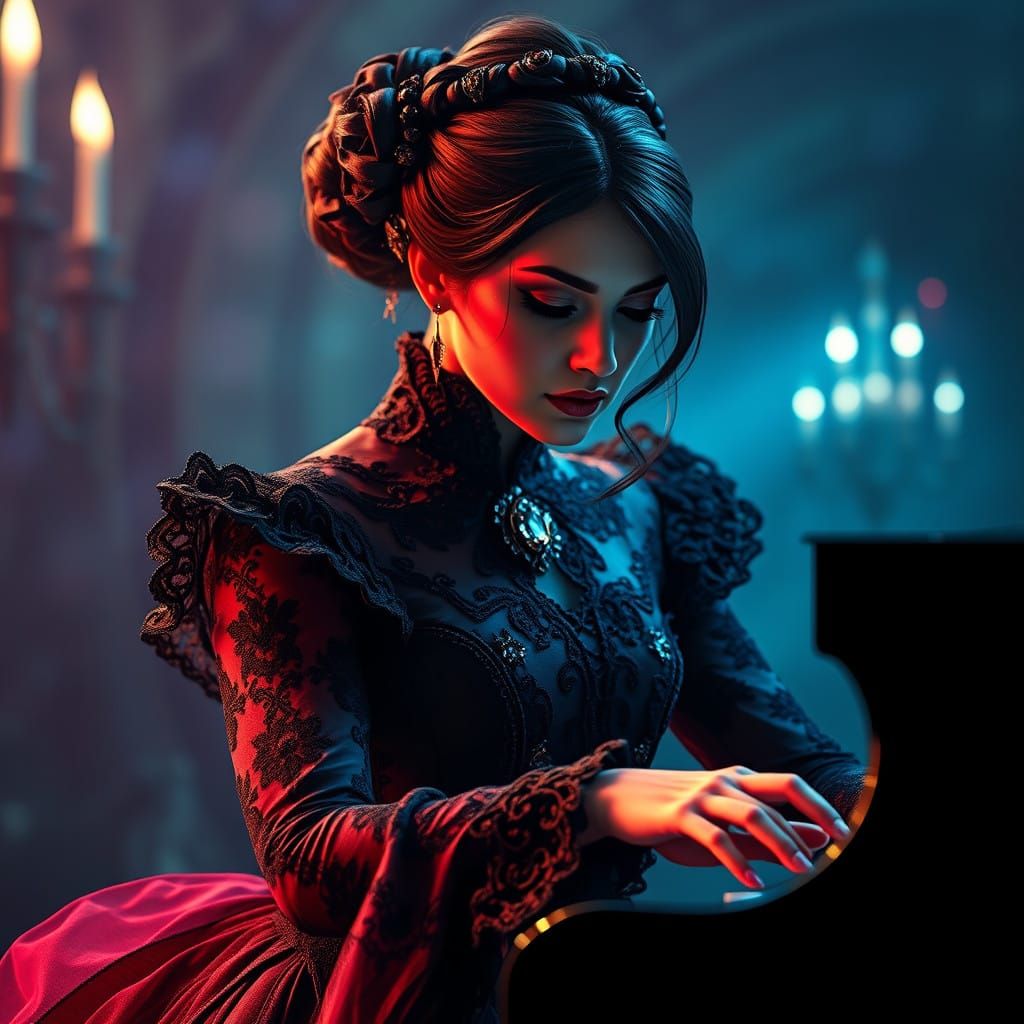 Regal Gothic Pianist in Victorian-Inspired Gown - AI Art