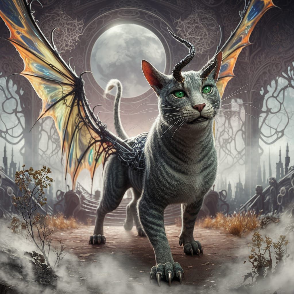 Whiskered feline creature with piercing green eyes and sharp claws ...