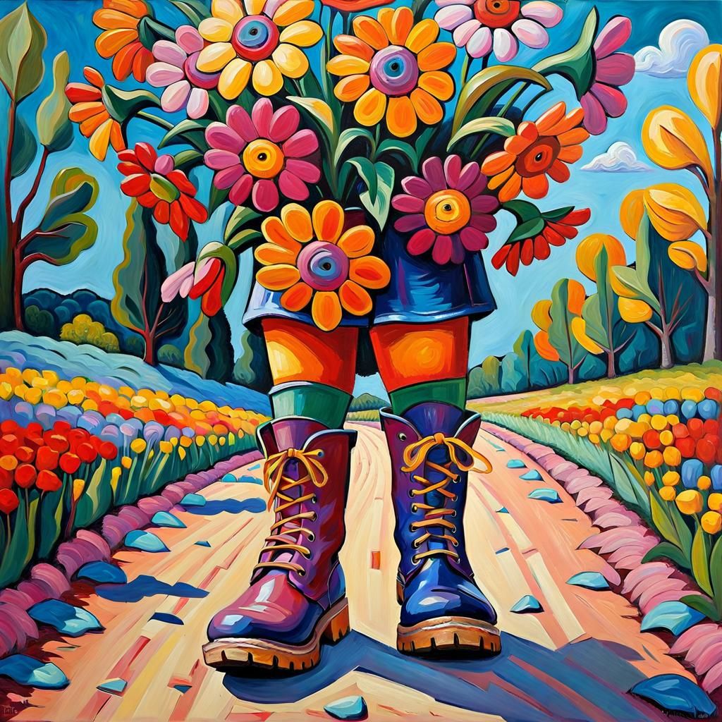 Smiling and happy flower-creature in colorful boots walking along, neo ...