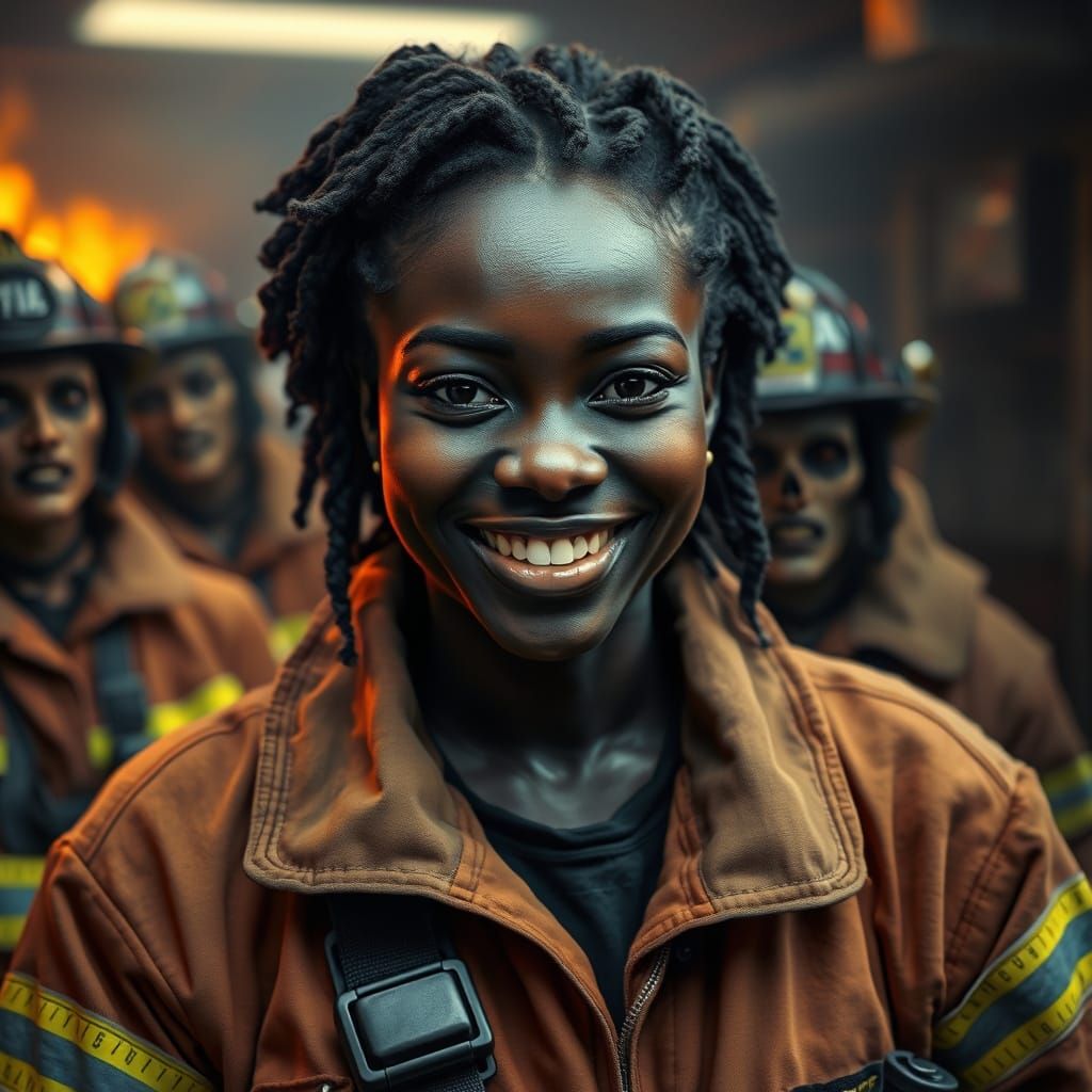 Smiling Firefighter in Zombie-Infested Station, Ph... - AI Art