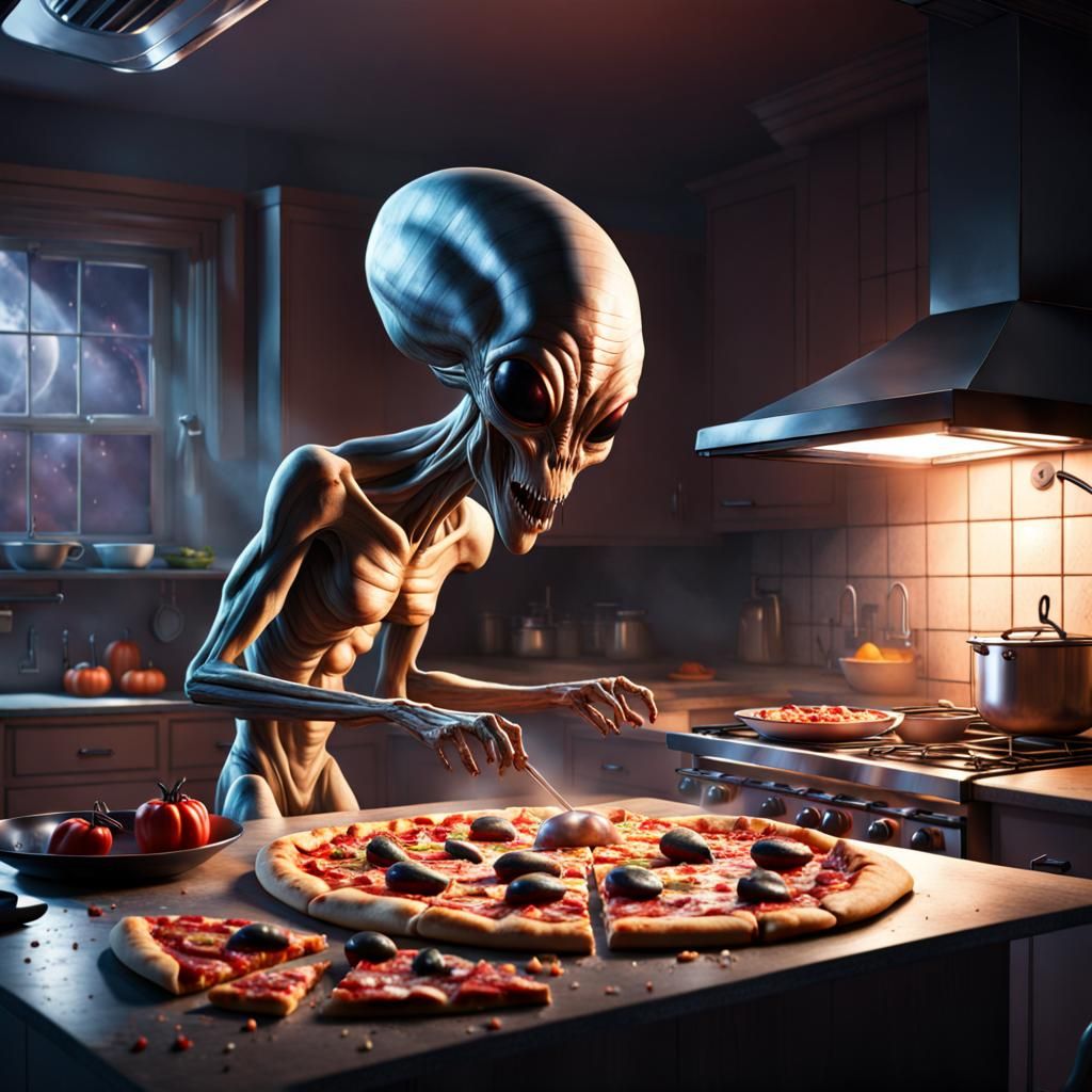 spooky, alien kitchen cooking pizza, hyperrealistic - AI Generated ...