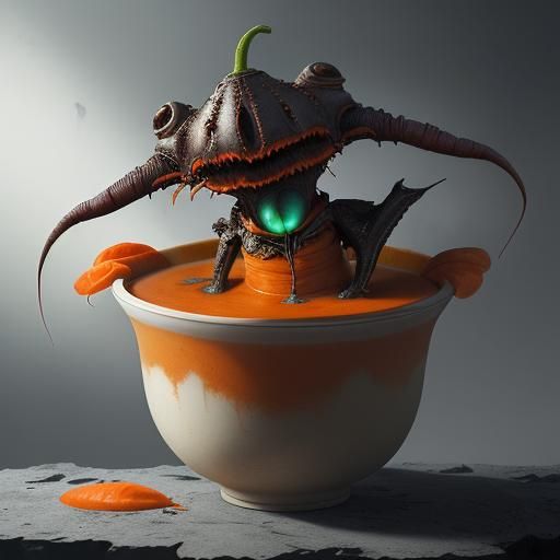 carrot soup with alien popping up out of the bowl - AI Generated ...