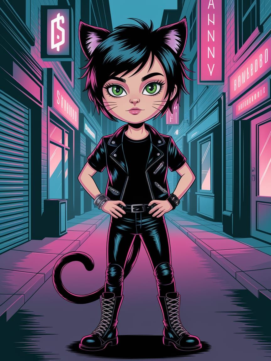 cute cat boy - Confident Emo Cat Boy in Neon Alley