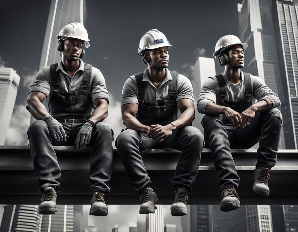 Handsome young construction workers are sitting on a beam high in the ...