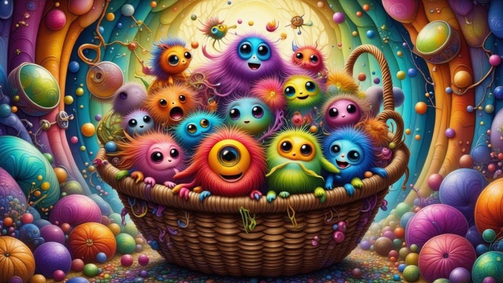 A basket full of cute, fuzzy, brightly colored, baby cyclops monsters.