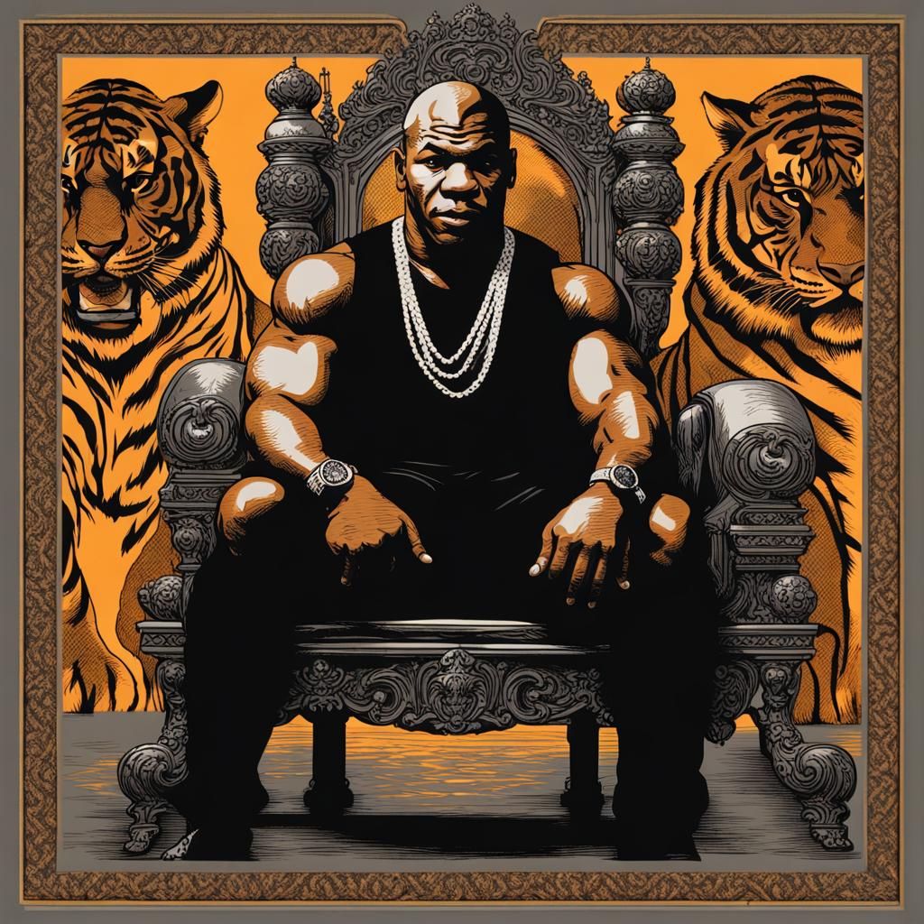 four color screen print of mike Tyson on throne with tiger - AI ...