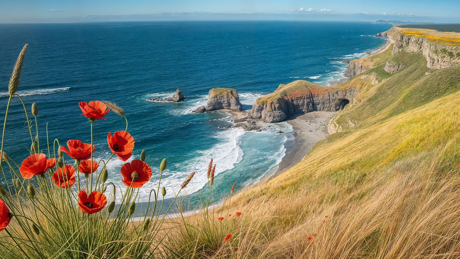 Vibrant Coastal Scene with Poppies and Seaside Lan... - AI Art