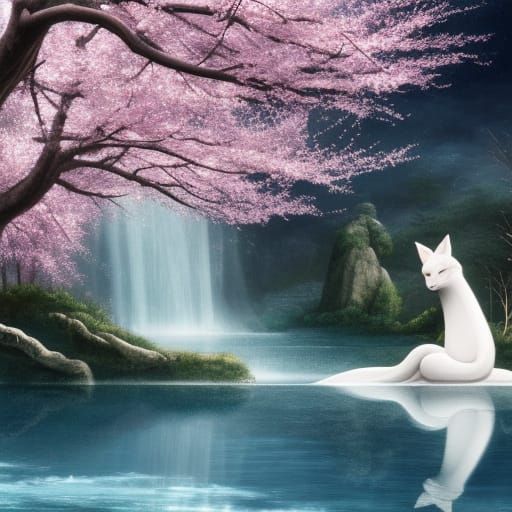 White kitsune sat majestically by a pool.of water surrounded by sakura ...
