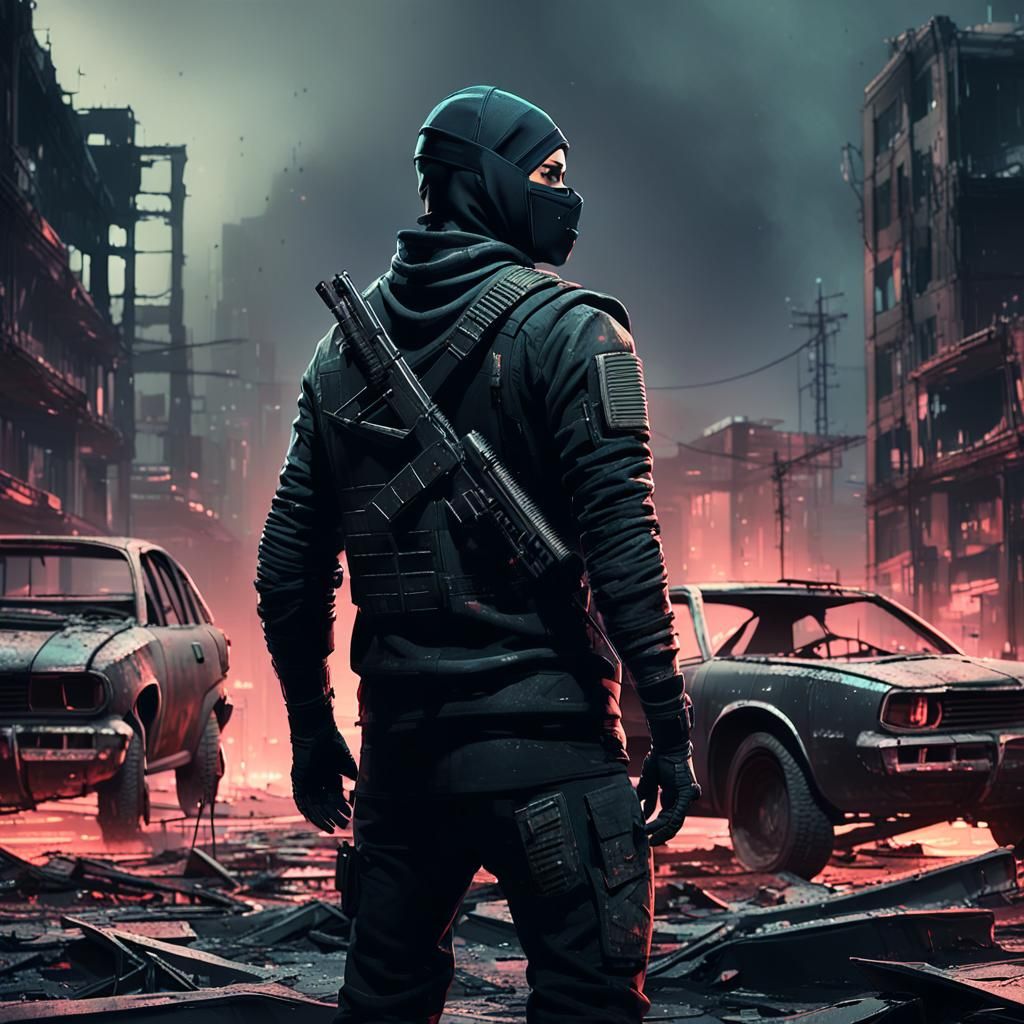 Dark Ninja Amidst Post-Apocalyptic Ruins in Cyberp... - AI Art