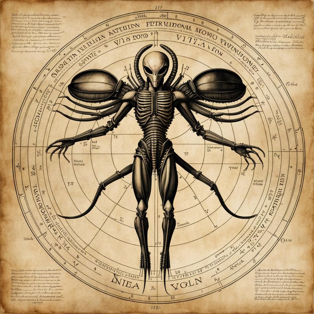 Vitruvian Xenomorph diagram with labels, by Da Vinci, on parchment ...