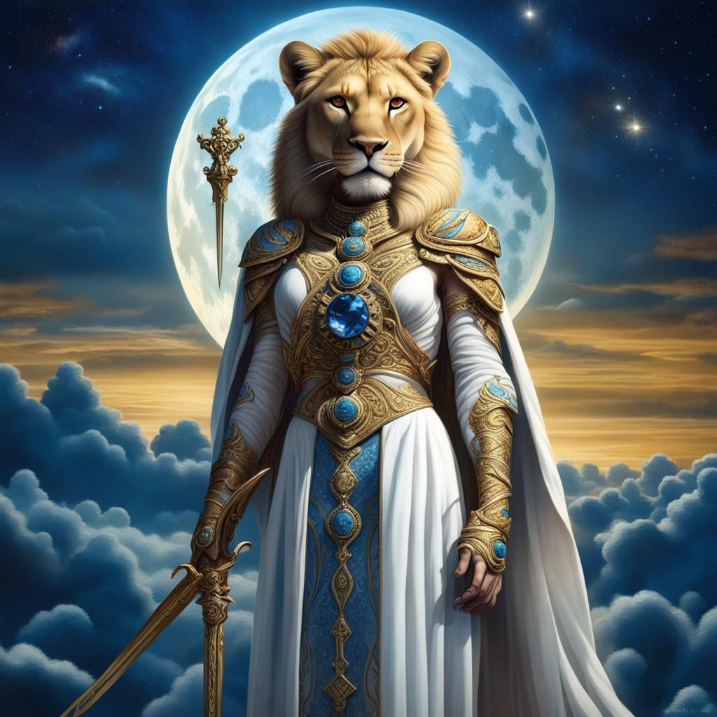 Anthropoid lioness wearing a white robe and carrying a beautiful sword ...